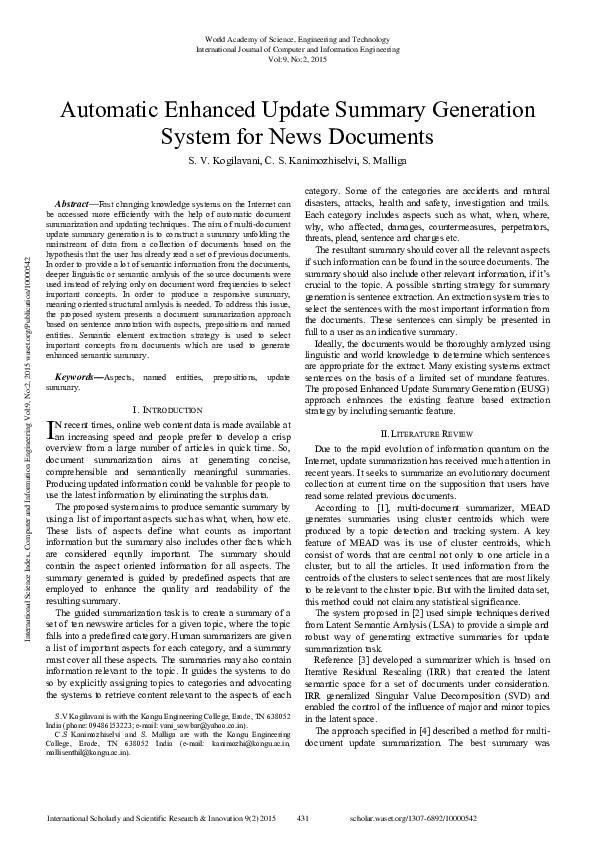 (PDF) Automatic Enhanced Update Summary Generation System For News ...