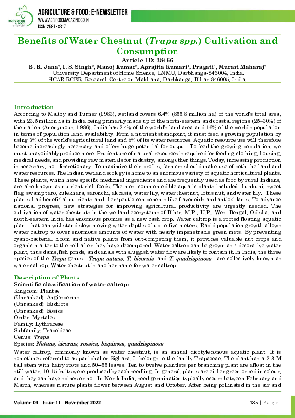 (PDF) Benefits of Water Chestnut (Trapa spp.) Cultivation and ...