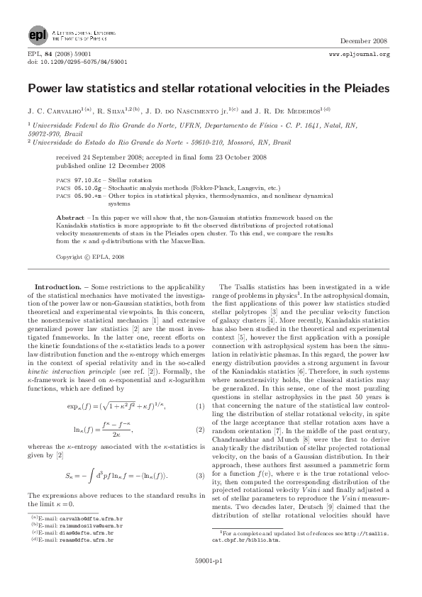 (PDF) Power law statistics and stellar rotational velocities in the ...
