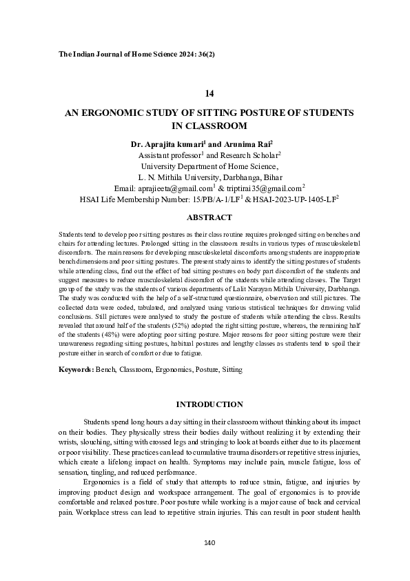 (PDF) AN ERGONOMIC STUDY OF SITTING POSTURE OF STUDENTS IN CLASSROOM