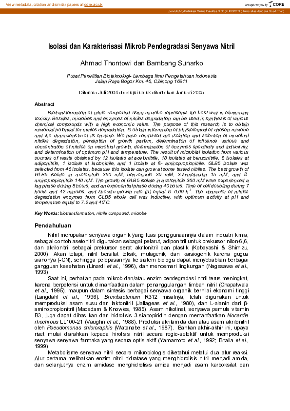 (PDF) Isolasi dan Karakterisasi Mikrob Pendegradasi Senyawa Nitril