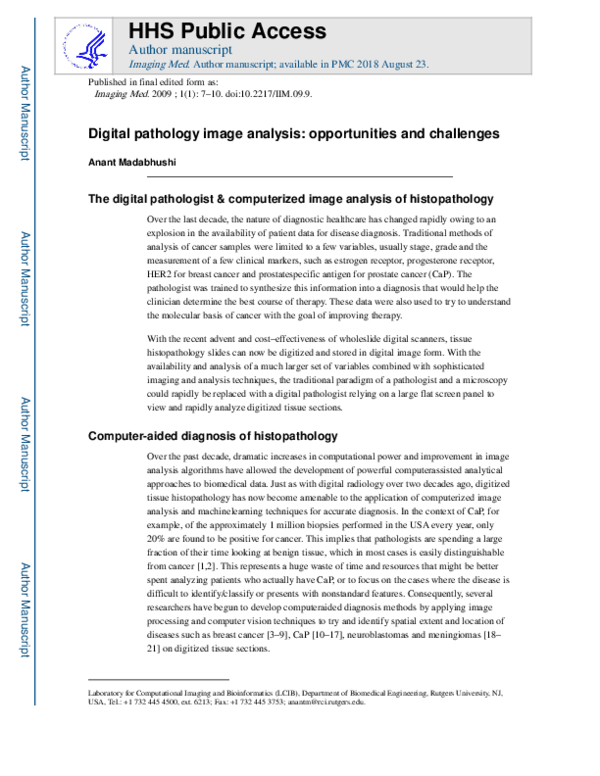 (PDF) Digital pathology image analysis: opportunities and challenges