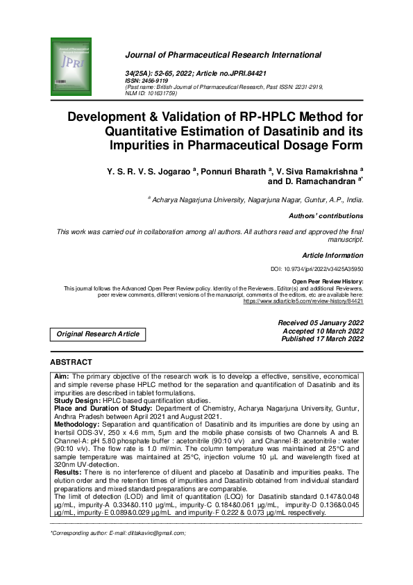 Pdf Development And Validation Of Rp Hplc Method For Quantitative Estimation Of Dasatinib And