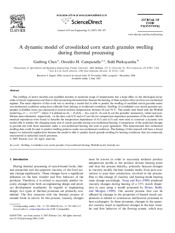 (PDF) A dynamic model of crosslinked corn starch granules swelling ...