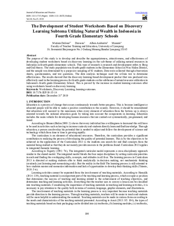 (PDF) The Development of Student Worksheets Based on Discovery Learning Subtema Utilizing ...