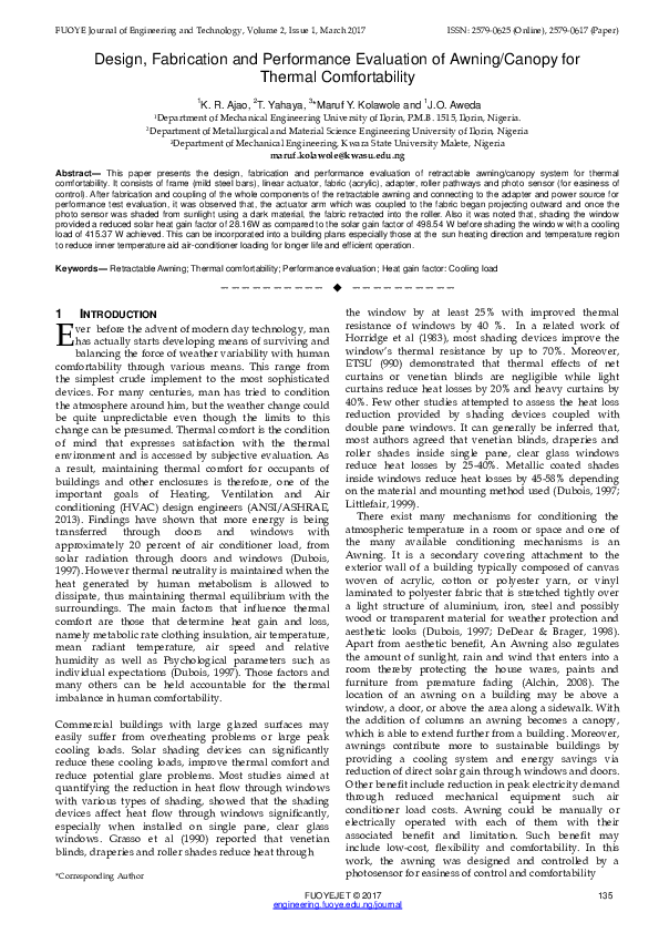 (PDF) Design, Fabrication and Performance Evaluation of Awning/Canopy ...