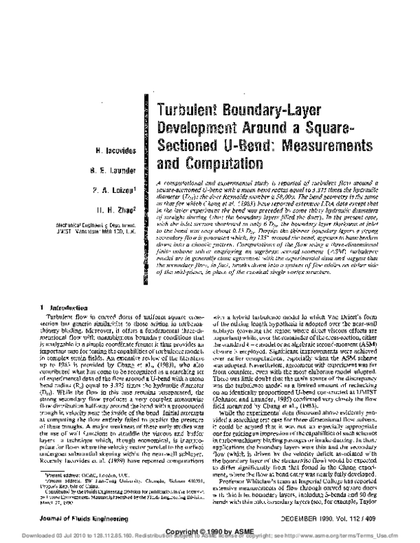 (PDF) Turbulent Boundary-Layer Development Around a Square-Sectioned U-Bend: Measurements and ...