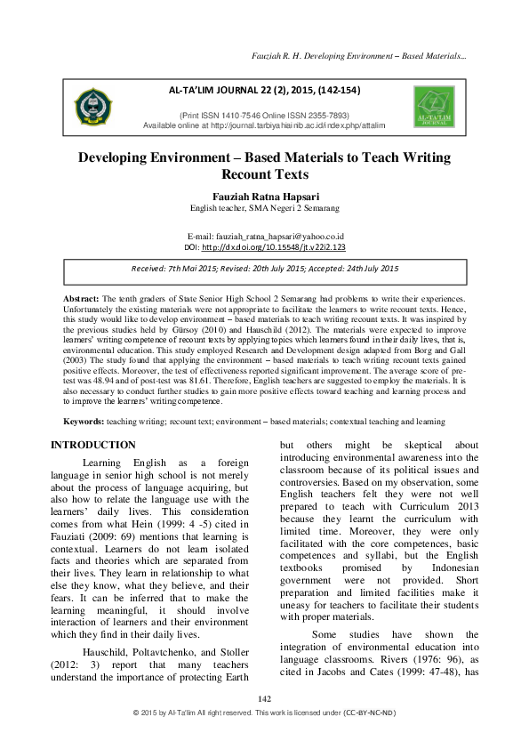 (PDF) Developing Environment – Based Materials to Teach Writing Recount Texts | Fauziah Hapsari ...