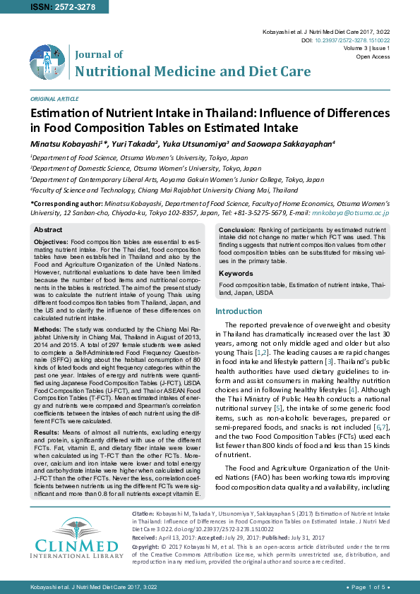 (PDF) Estimation of Nutrient Intake in Thailand: Influence of ...