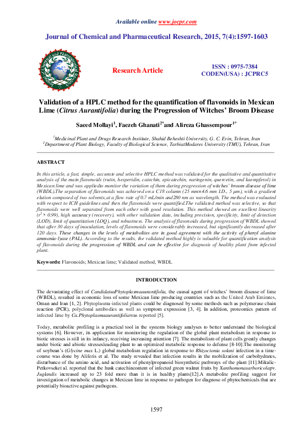 (PDF) Validation of a HPLC method for the quantification of flavonoids in Mexican lime (Citrus ...