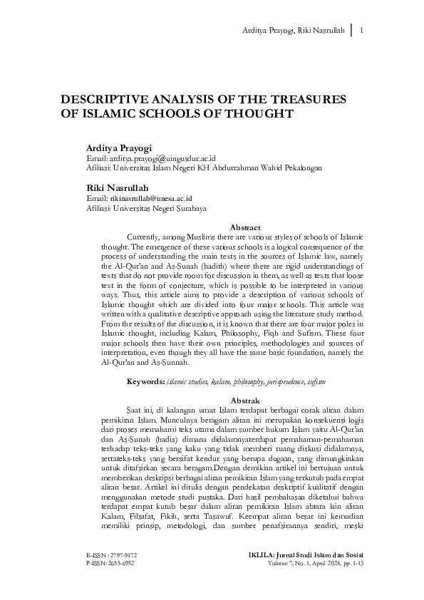 (PDF) Descriptive Analysis of the Treasures of Islamic Schools of Thought