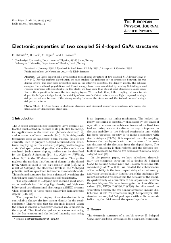 (PDF) Electronic properties of two coupled Si δ -doped GaAs structures