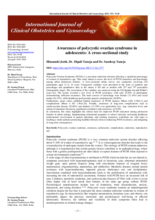 (PDF) Awareness of polycystic ovarian syndrome in adolescents: A cross-sectional study | Dipali ...