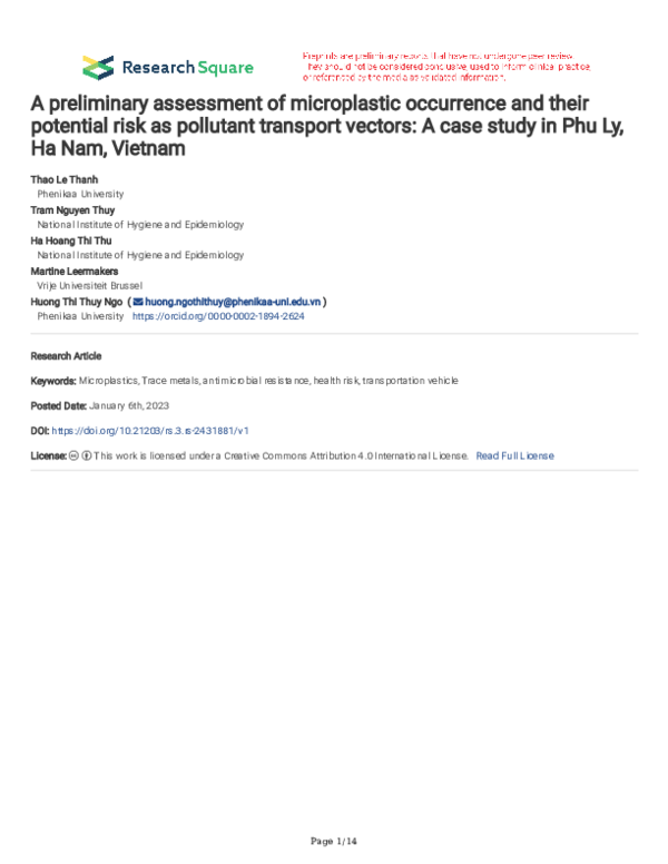 (PDF) A preliminary assessment of microplastic occurrence and their potential risk as pollutant ...