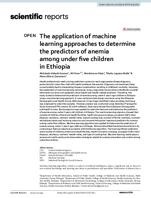 (PDF) The application of machine learning approaches to determine the predictors of anemia among ...