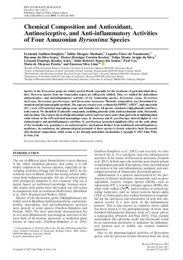 (PDF) Chemical Composition and Antioxidant, Antinociceptive, and Anti-inflammatory Activities of ...