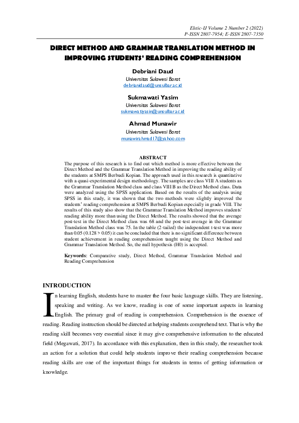 (PDF) The Comparison Between Direct Method and Grammar Translation ...