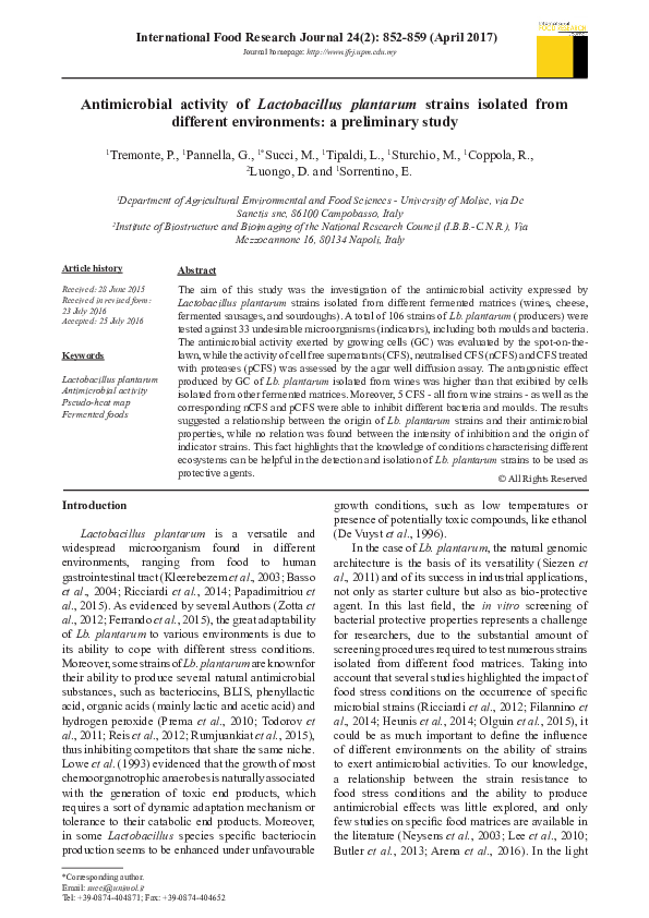 (PDF) Antimicrobial activity of Lactobacillus plantarum strains isolated from different ...