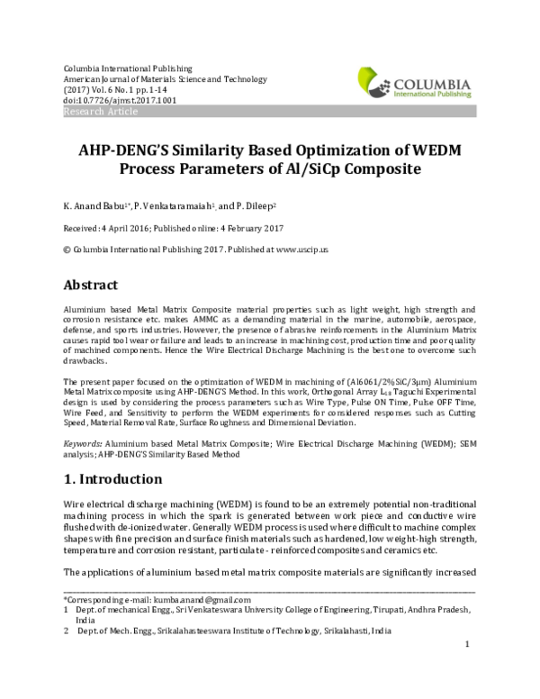 (PDF) Optimization of WEDM Parameters for Al/SiCp Composite Using AHP-DENG'S