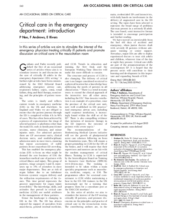 (PDF) Critical care in the emergency department: introduction