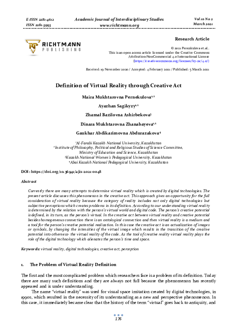 (PDF) Definition of Virtual Reality through Creative Act
