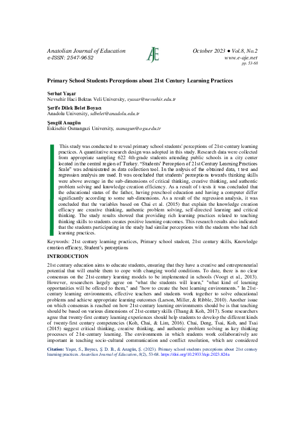 (PDF) Primary School Students Perceptions about 21st Century Learning Practices
