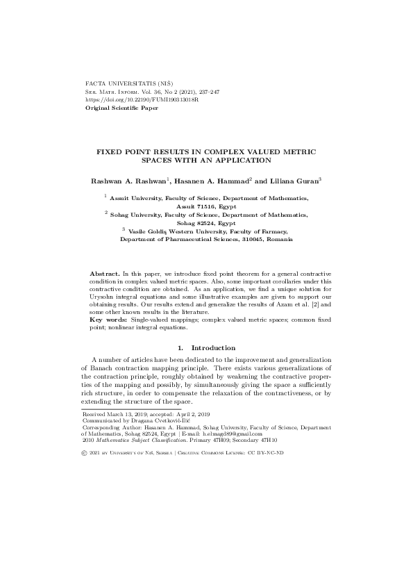 Pdf Fixed Point Results In Complex Valued Metric Spaces With An Application