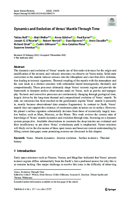 (PDF) Dynamics and Evolution of Venus’ Mantle Through Time