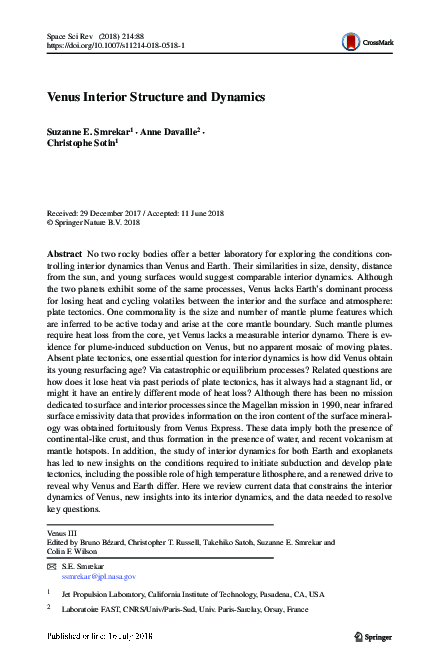 (PDF) Venus Interior Structure and Dynamics