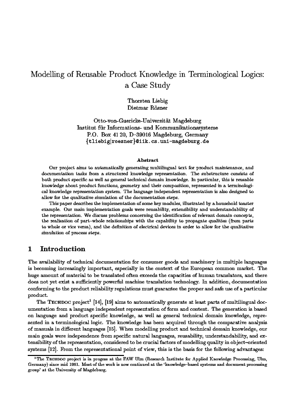 (PDF) Modelling of Reusable Product Knowledge in Terminological Logics: a Case Study