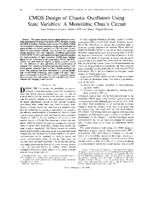 (PDF) CMOS design of chaotic oscillators using state variables: a monolithic Chua's circuit