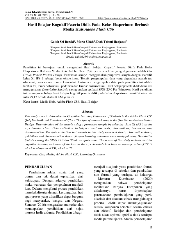 (PDF) Hasil Belajar Kognitif Peserta Didik Pada Kelas Eksperimen Berbasis Media Kuis Adobe Flash CS6