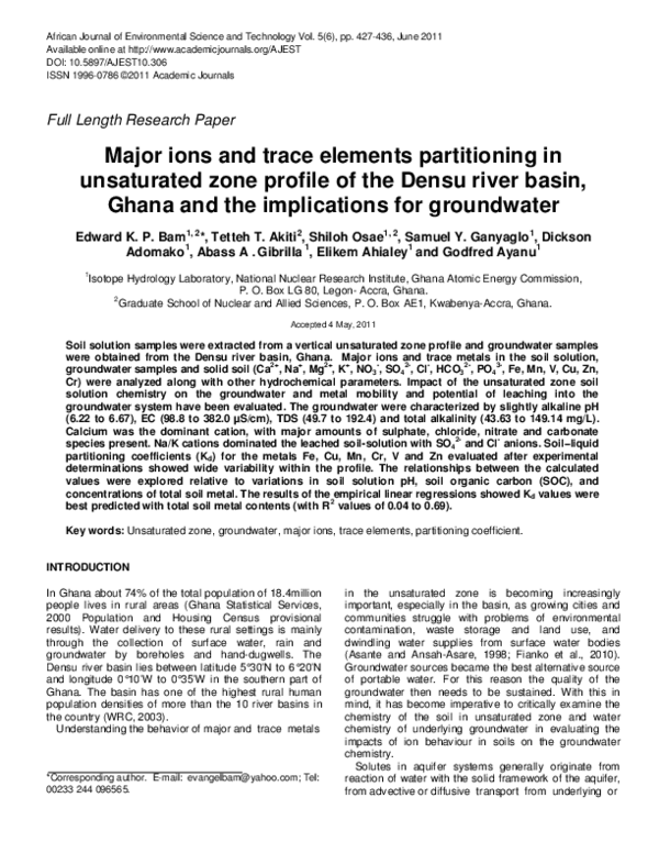 (PDF) Major ions and trace elements partitioning in unsaturated zone ...