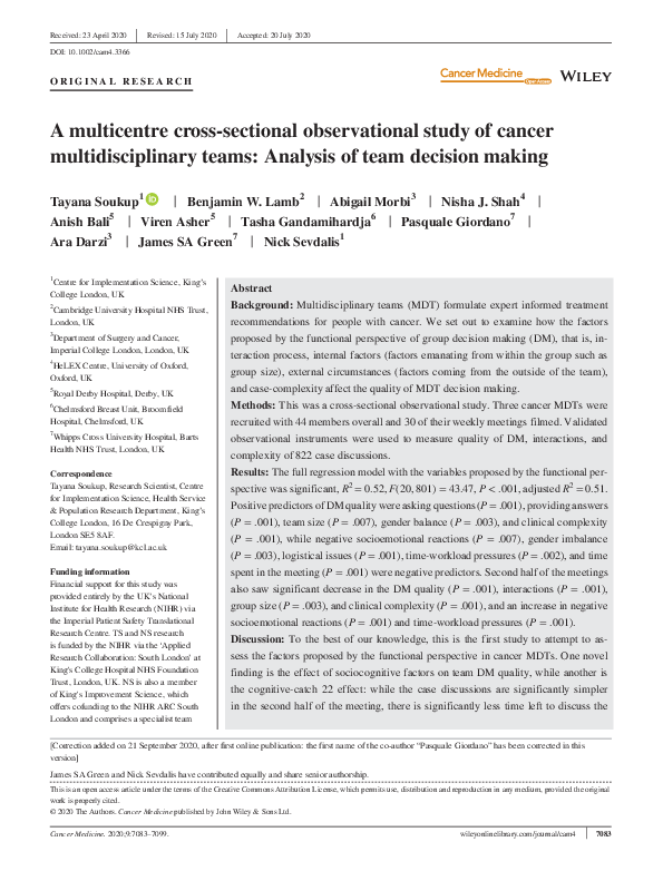 (PDF) A multicentre cross‐sectional observational study of cancer ...