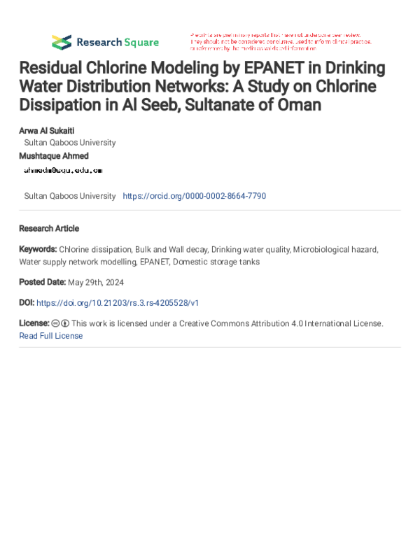 (PDF) Residual Chlorine Modeling by EPANET in Drinking Water Distribution Networks: A Study on ...