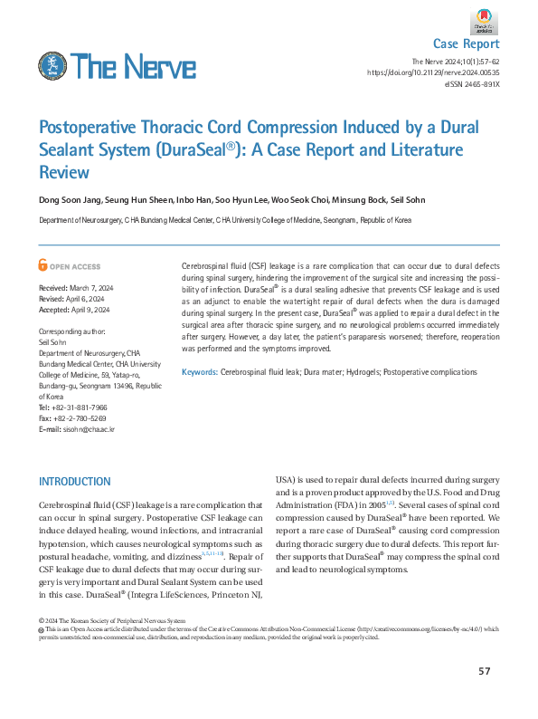 (PDF) Postoperative Thoracic Cord Compression Induced by a Dural ...