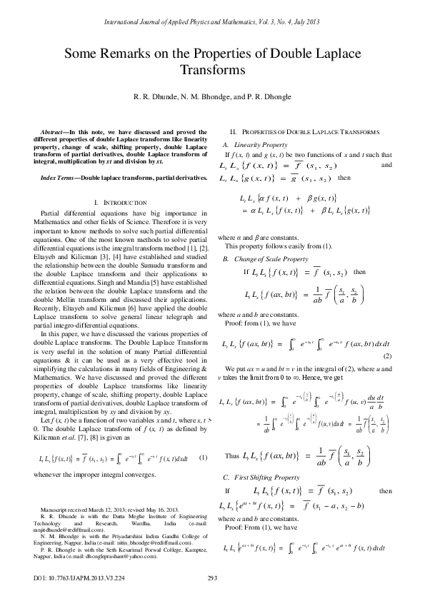 (PDF) Some Remarks on the Properties of Double Laplace Transforms