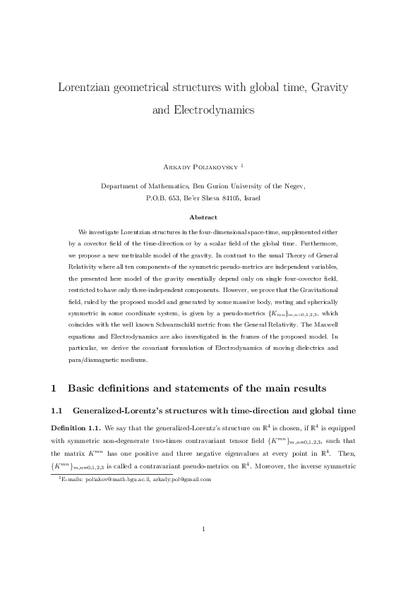 (PDF) Lorentzian geometrical structures with global time, Gravity and Electrodynamics