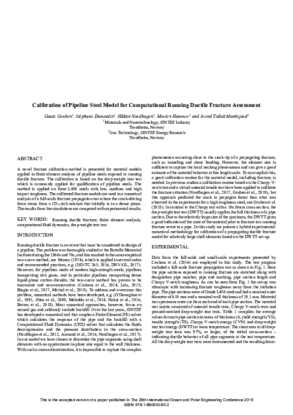 (PDF) Calibration of Pipeline Steel Model for Computational Running Ductile Fracture Assessment