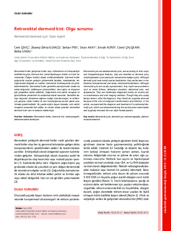 (PDF) Retrorektal dermoid kist: Olgu sunum