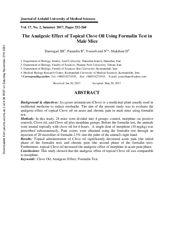 (PDF) The Analgesic Effect of Topical Clove Oil Using Formalin Test in ...