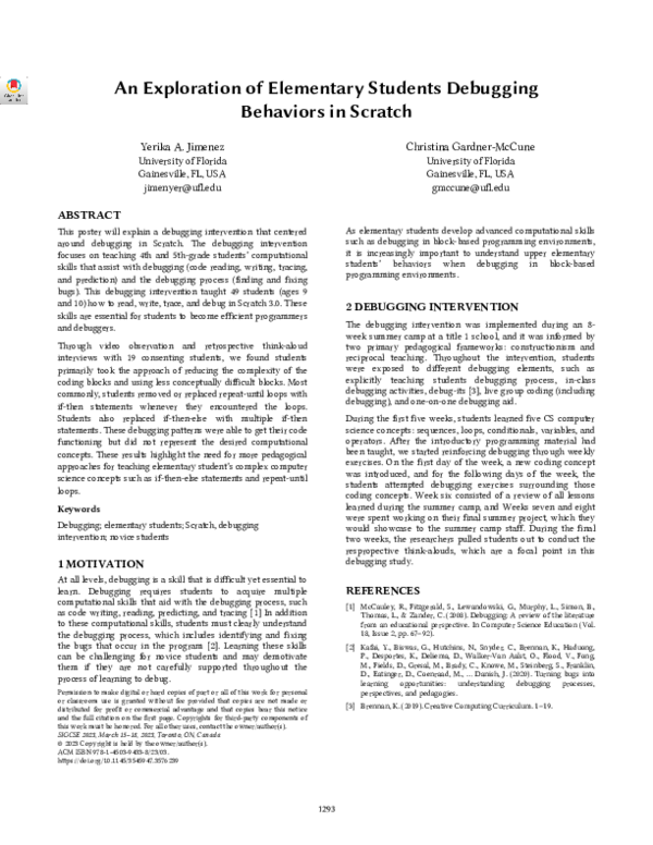 (PDF) An Exploration of Elementary Students Debugging Behaviors in Scratch