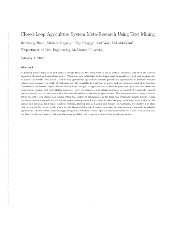 (PDF) Closed-Loop Agriculture System Meta-Research Using Text Mining