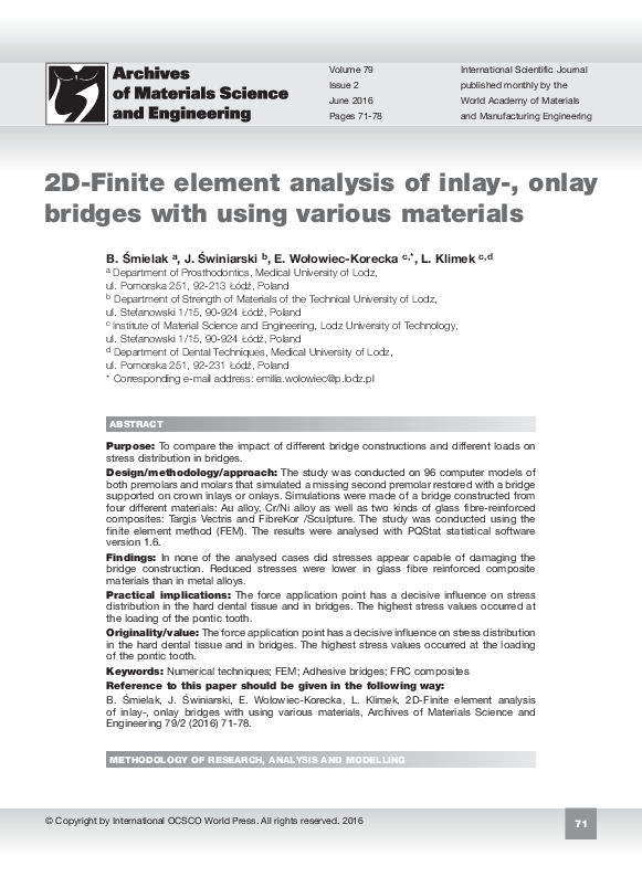 (PDF) 2D-Finite element analysis of inlay-, onlay bridges with using various materials