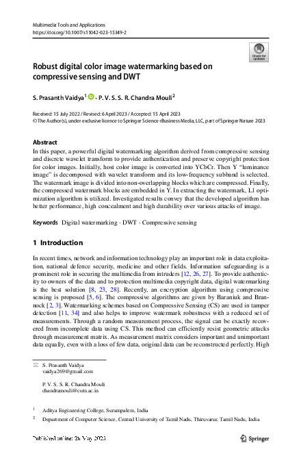 (PDF) Robust digital color image watermarking based on compressive sensing and DWT