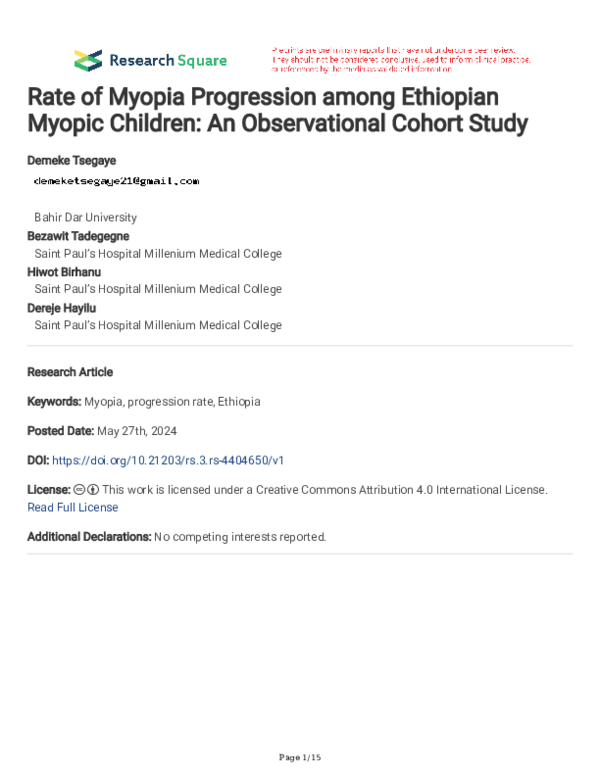 (PDF) Rate of Myopia Progression among Ethiopian Myopic Children: An ...