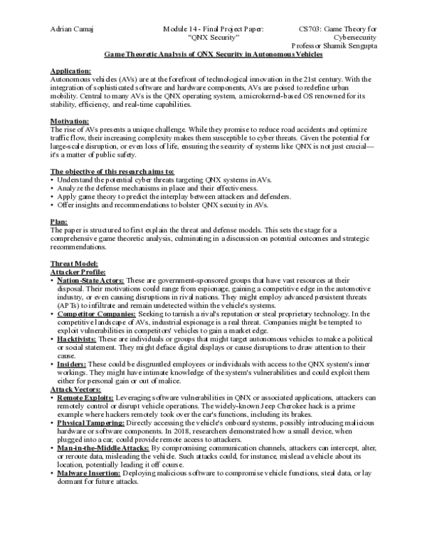 (PDF) Game Theoretic Analysis of QNX Security in Autonomous Vehicles