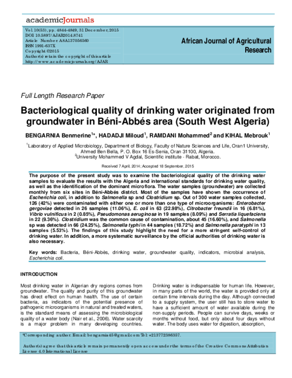 (PDF) Bacteriological quality of drinking water originated from groundwater in Bni-Abbs area ...