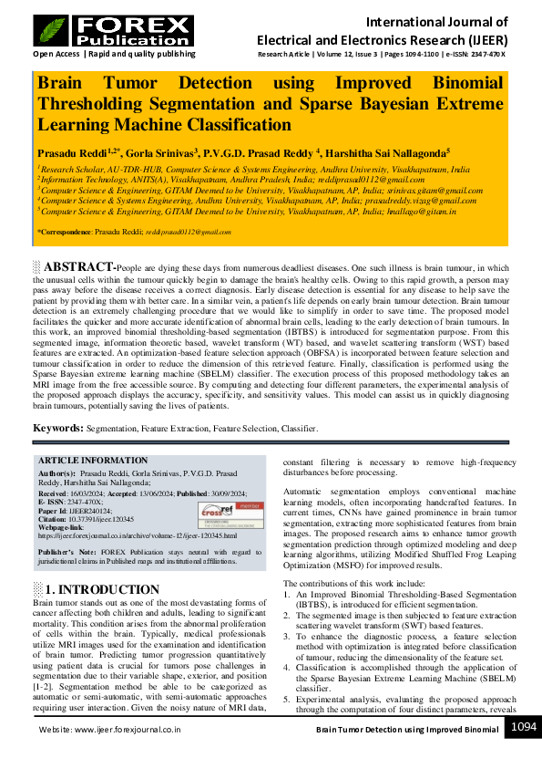 (PDF) Brain Tumor Detection using Improved Binomial Thresholding Segmentation and Sparse ...