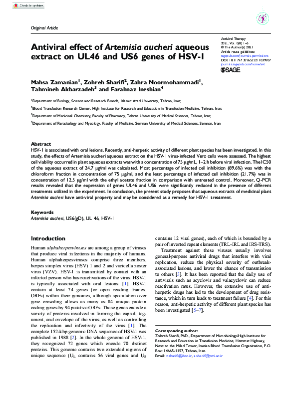 (PDF) Antiviral effect of Artemisia aucheri aqueous extract on UL46 and US6 genes of HSV-1